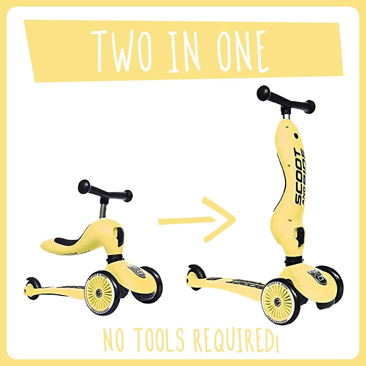 Scoot & Ride - Highwaykick 1 Children Adjustable Seated or Standing 2-in-1 Scooter Including Safety Pads (Lemon) - for Ages 1-5