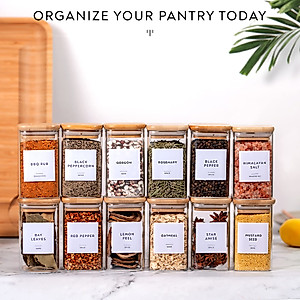 Laramaid 9oz 12Packs Glass Jars Set with Minimalist Spice Labels, Square Spice Jars with Bamboo Lids and White Vinyl Customized Sticker Labels, Food Storage Container Canisters