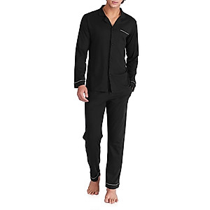 DAVID ARCHY Mens Pajamas Set Soft Cotton Notched Collar Pajamas for Men Long Sleeve Mens Sleepwear with Pockets & Front Fly (M, Black)