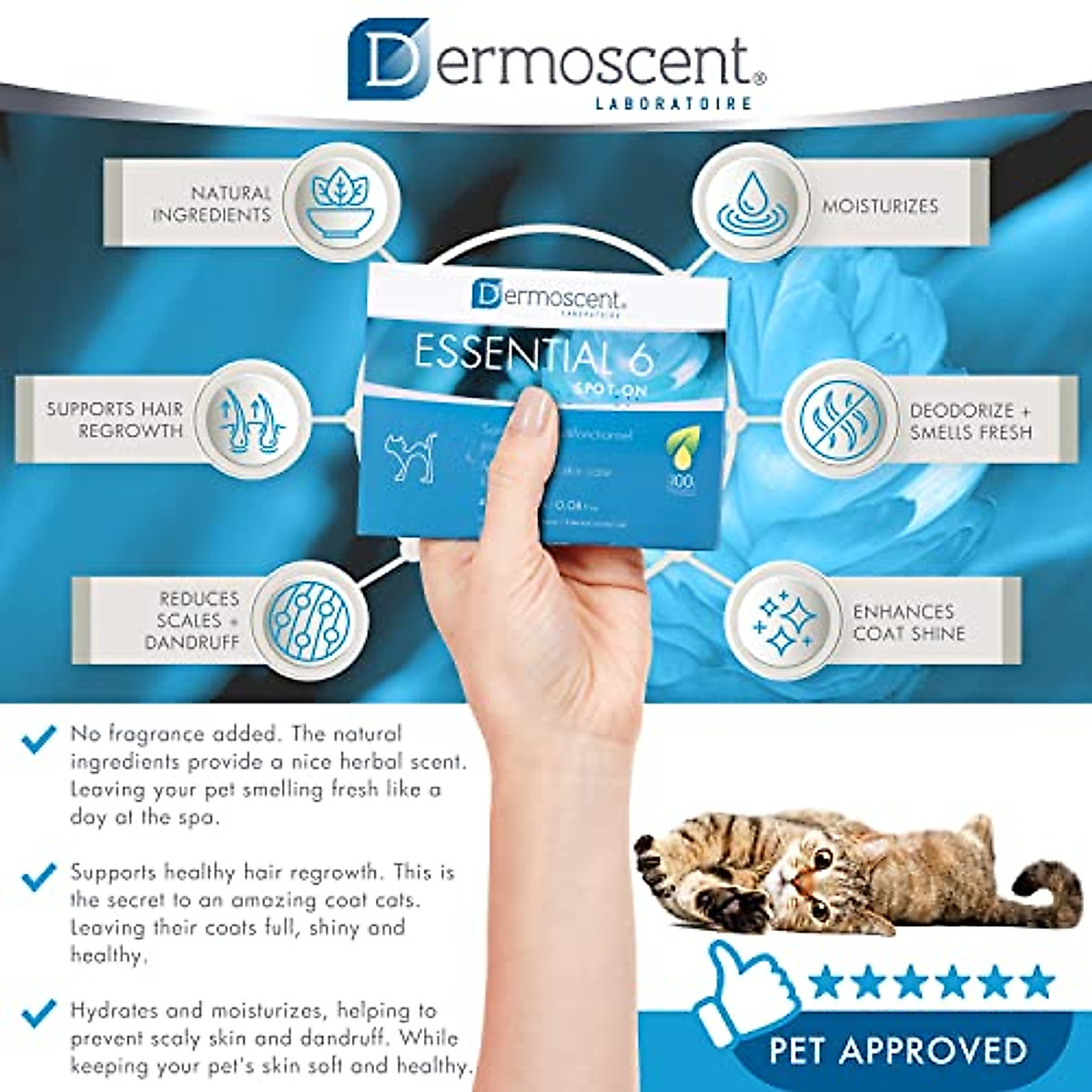 Essential 6 spot-on for Cats - Skin Care for Dandruff Dry or Oily Skin & Hair Loss - Natural Essential Oils & Fatty Acids - Healthy Skin & Coat - 4 Pipettes of 0.6 ml / 0.08 fl. oz