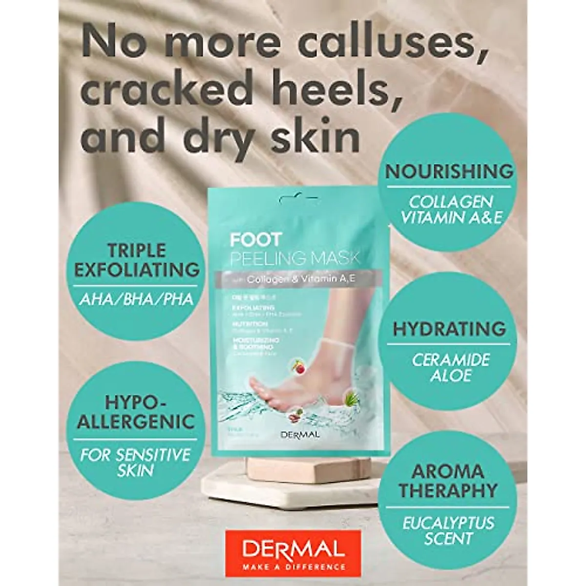 DERMAL KOREA Foot Peeling Mask 3 Pack For Dry Foot And Cracked Heel & Callus With Aloe Vera And Collagen - Exfoliating Peel Mask With Aha, Bha, & Pha And For Moisturizing, Soothing & Refreshing Feet