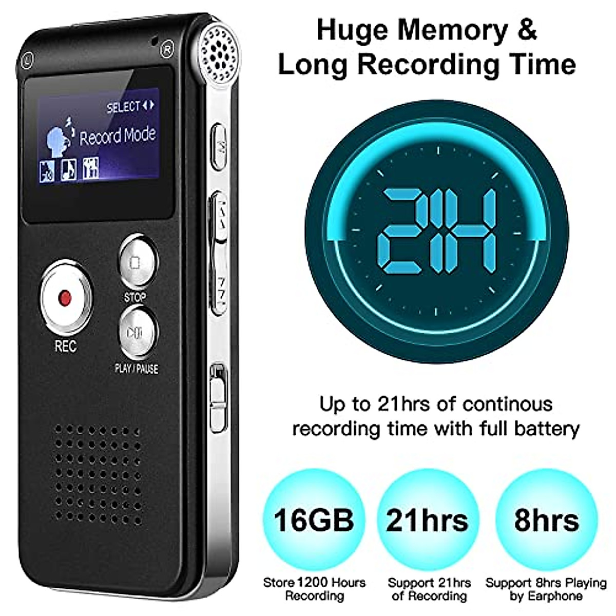 16GB Digital Voice Activated Recorder - Voice Recorder with Playback - Portable Tape Recorder Audio Recording Device with Noise Reduction Audio Recorder for Lectures Meetings