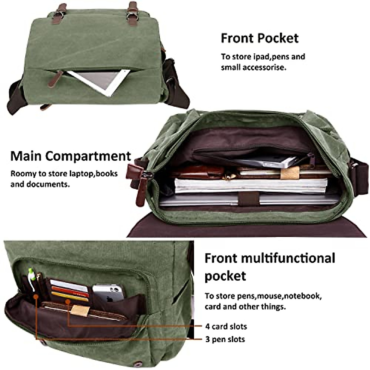 Canvas Messenger Bag for Men Women,Travel Satchel Shoulder bag 15.6 Inch Laptop Bag briefcase Business (Green)