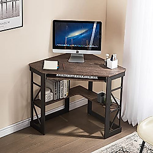VECELO Corner Computer Desk 41 x 30 inches with Smooth Keyboard & Storage Shelves for Home Office Workstation, Rustic Natural Brown