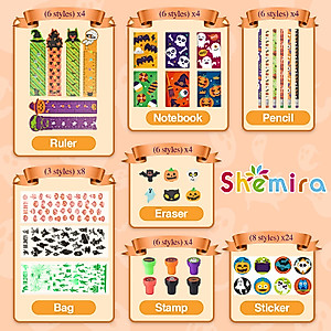 Shemira Halloween Party Favors for Kids,168pcs Halloween Stationery gift kit,Halloween Miniatures Prizes,Trick or Treating Goodie Bag Fillers including Notepad,Stamper,Sticker,Pencil,Eraser,Ruler