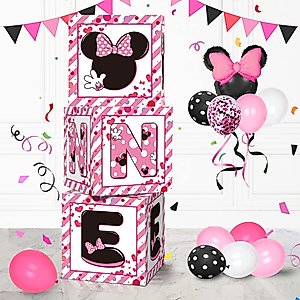 Pink Mouse Girl 1st Birthday Party Decorations Balloon Boxes, 3pcs Pink Mouse Theme One Years Old Birthday Balloon Boxes,for Girl First Birthday Party Decorations Supplies