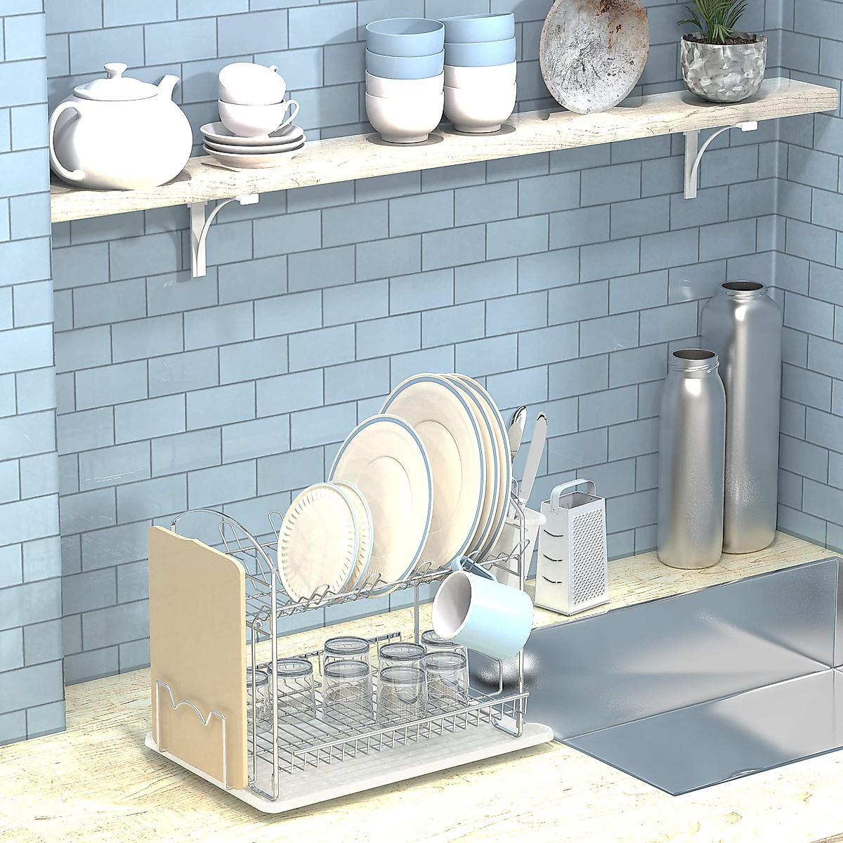 Simple Houseware 2-Tier Dish Rack with Drainboard, Chrome