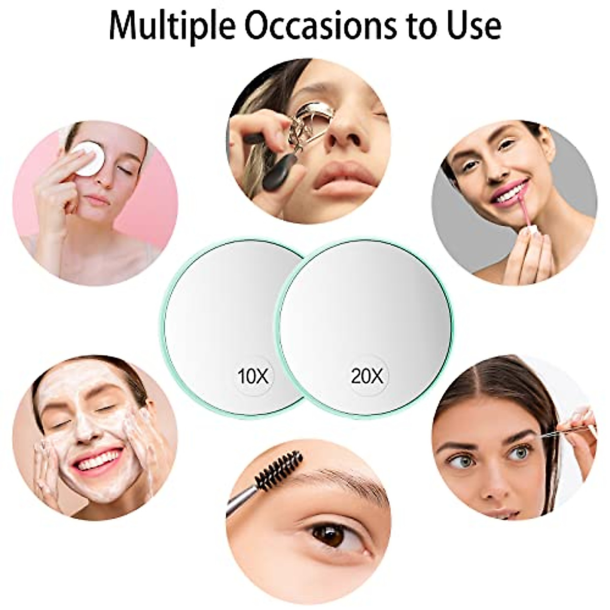Funtopia Magnifying Mirror and Tweezers Kit, 10X and 20X Magnifying Makeup Mirrors with 2 Suction Cups, Compact Round Mirror Portable Magnifier Travel Set (Green)