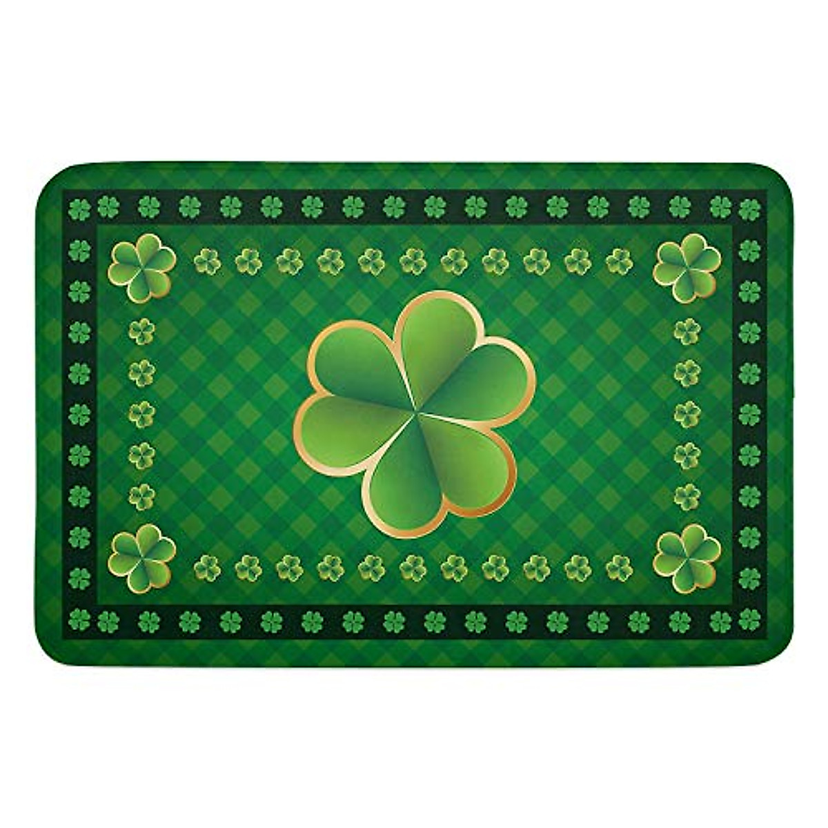 Front Door Mats Outdoor Indoor Kitchen Mat, Green Checked Clover on St. Patrick's Day Entrance Doormat Non-Slip Bathroom Rugs Washable Floor Mats for Sink/Porch, 18" x 30"