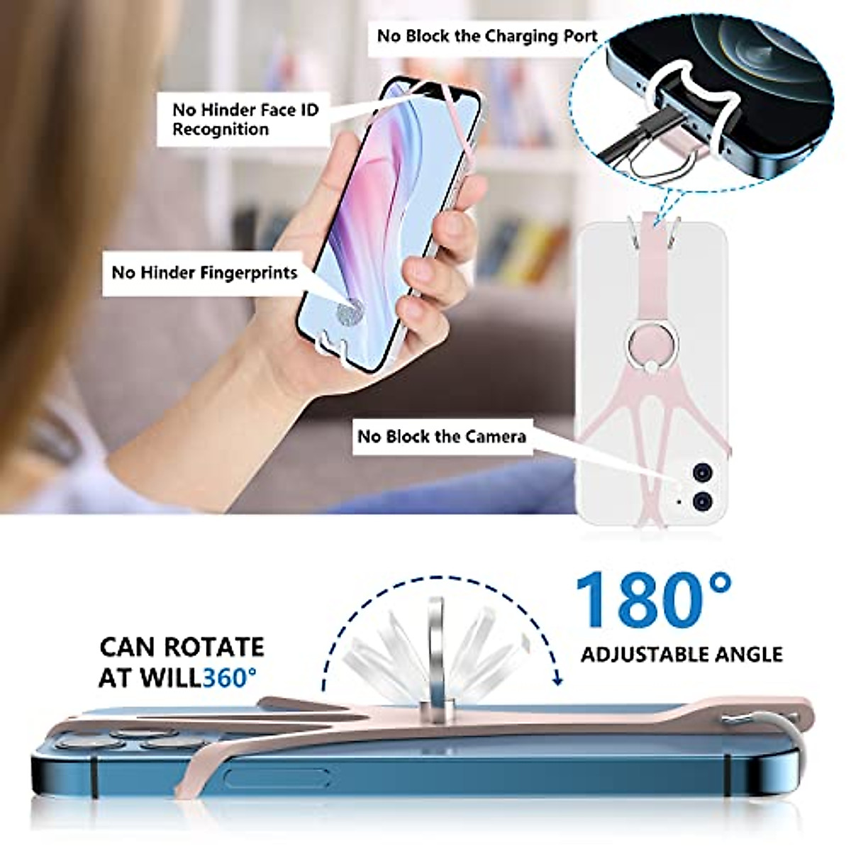 takyu Universal Phone Lanyard Leash with Ring Holder, Adjustable Phone Strap Loop Holder (Pink)