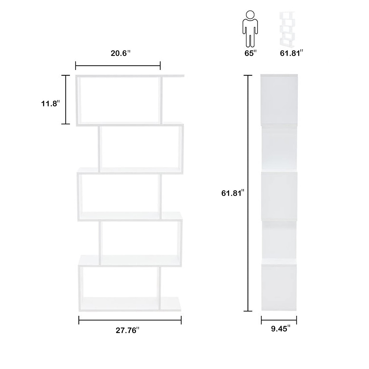 Function Home 5-Tier Geometric Bookcase, Freestanding S Shaped Bookshelf, Modern Multifunctional Display Shelves, White Book Shelf for Bedroom Living Room