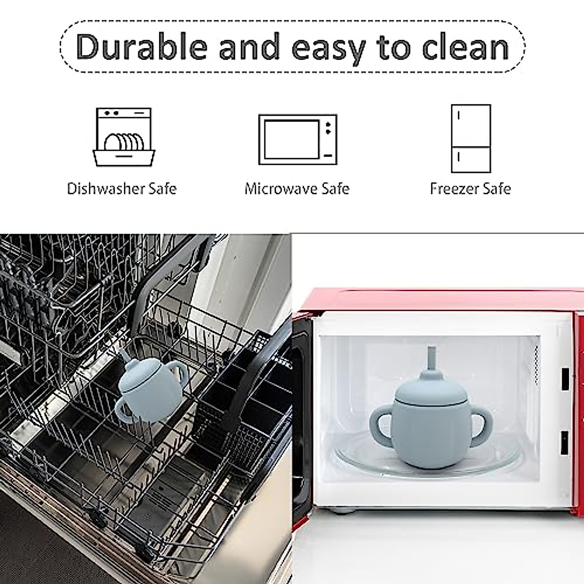 Santi & Me 2-1 Silicone Straw Cup for Baby, Spill-proof Sippy Cup for Babies 6-12-18 Month, Open Training Water Cups with Easy-Hold Handle, Baby Led Weaning Cups - BPA Free - 8.8oz (Dusty blue)