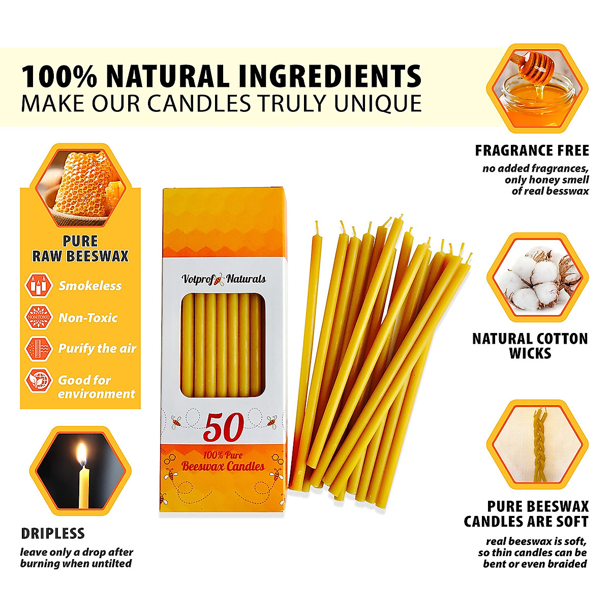 50 All Natural Décor 100% Pure Beeswax Taper Candles – Tall (6 in), Unscented, Dripless, Smokeless, Slow Burning, Non Toxic, Honey Scent - for Home, Dinner, Cake, Prayer, Church, Hanukkah, Christmas