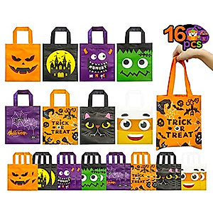 MISS FANTASY Halloween Non-Woven Bags Trick or Treat Tote Gift Bags Bulk 11.8'' x 8.6'' Party Goodie Bag with Handles for Halloween 16 Pack