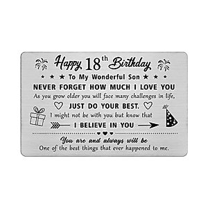 FALOGIJE 18th Birthday Card Gifts for Son, Birthday Gifts for 18 Year Old Son, Engraved Metal Wallet Card