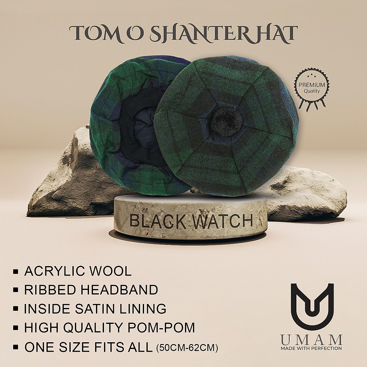 UMAM Scottish Traditional Tam o' Shatner Acrylic Wool Tammy Hat Flat Bonnet Kilt Many Tartans (Black Watch 008tcp)