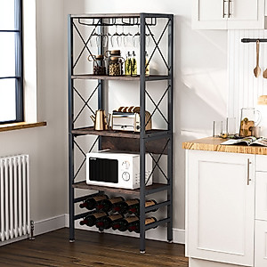 Tribesigns Wine Bakers Rack, 4-Tier Industrial Wine Rack freestanding Floor with Glass Holder and Wine Storage, Wine Bar Cabinet with Storage for Home Kitchen Dining Room, Rustic Brown
