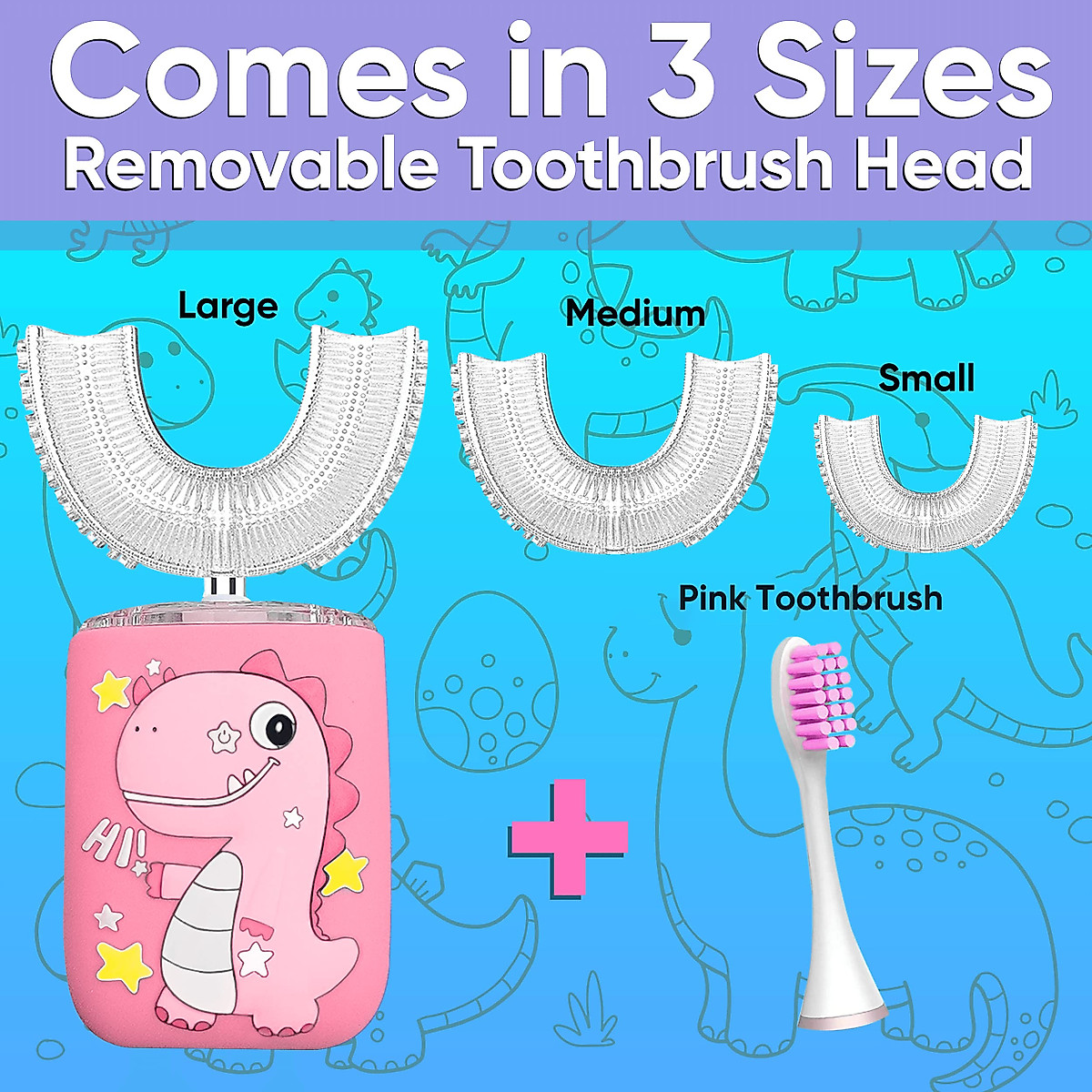 BubblezKidz – Kids Electric Toothbrush – U Shaped Dinosaur Cartoon – Ultra Sonic 6 brush Cleaning Modes w/ Smart Timer – Ages 2-18 Years Old – IPX7 Waterproof, Rechargeable, With Stickers