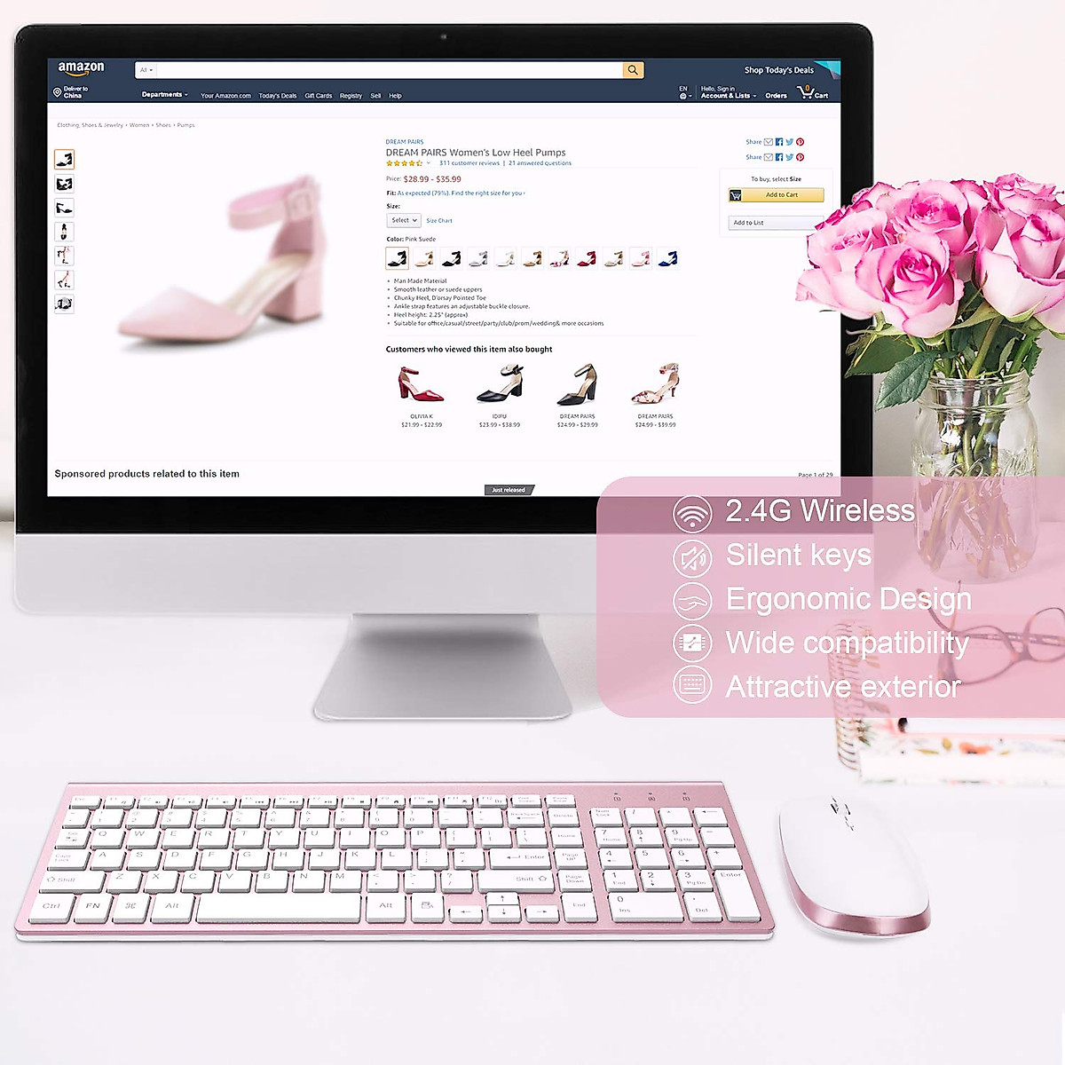 Wireless Keyboard and Mouse, FENIFOX Full-Size Whisper-Quiet Compact Compatible with Mac PC Laptop Tablet Notebook Windows - Rose Gold Pink