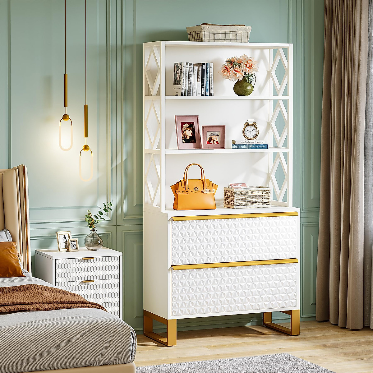 Tribesigns 4-Tier Bookshelf with 2 Drawers, 71" Tall White and Gold Bookshelf with Open Shelves & Drawer, Modern Bookcase Display Book Shelf Organizer for Bedroom, Living Room, Home Office