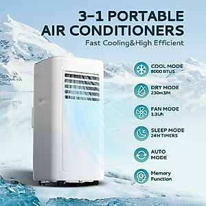 EUHOMY 8,000 BTU Portable Air Conditioner Floor Room AC Unit with Cool, Dehumidifier, Fan Mode,Portable Cooling AC Unit with Installation Kit with Remote Control up to 350 sq. ft.,White