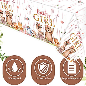 Oudain 3 Pieces Woodland Plastic Tablecloth Woodland Baby Shower Tablecloth Decorations, Woodland Creatures Table Covers for Rectangle Tables Girl Party Supplies Favors, 54 x 108 Inch