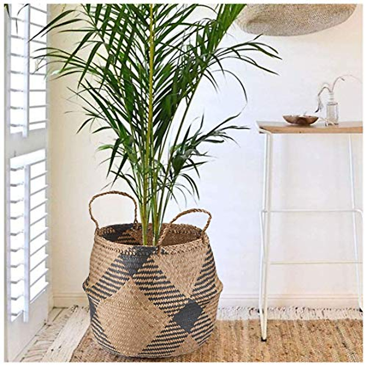 BeeGreeny Seagrass Belly Basket | Black Diamond Handwoven Foldable Storage Basket with Handles for Laundry, Picnic, Pot Cover, Decor | Natural, Eco-Friendly Household Items