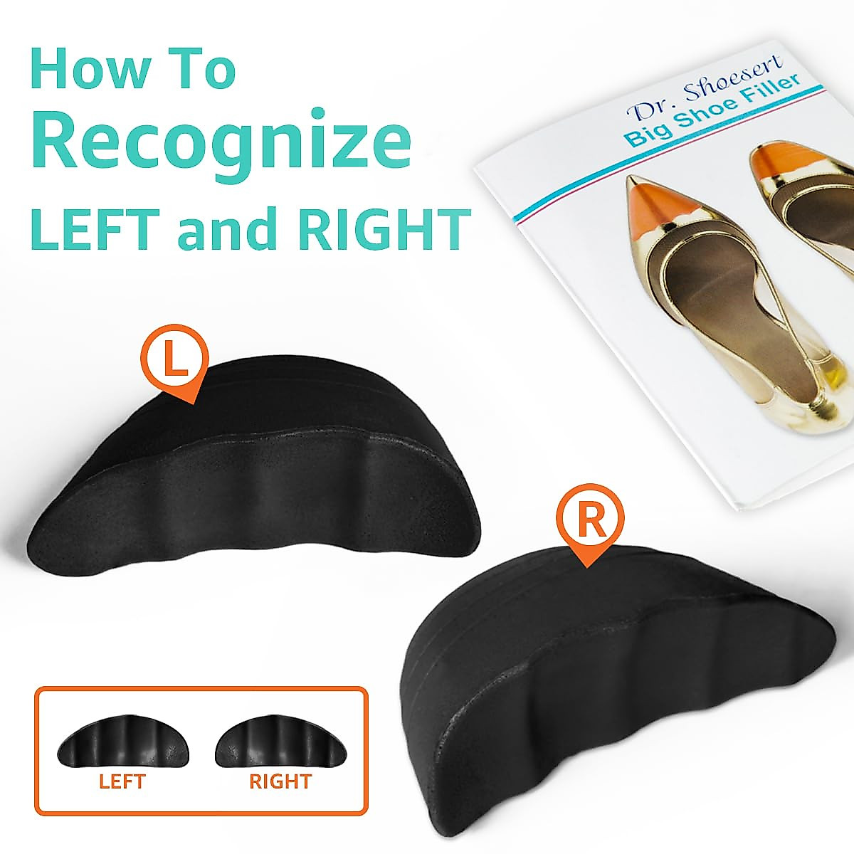 Dr. Shoesert Shoe Filler Inserts for Loose Shoe, Toe Cushion Fillers Make Shoes Fit, Half-Size Insoles Adjust Shoe Too Big for High Heels, Dress Shoes, Casual, Flats 2 Pairs (Black - Round)