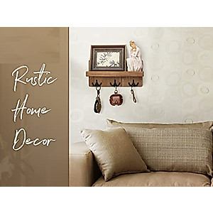 Rebee Vision Farmhouse Key Holder for Wall with Shelf: Decorative Mail Organizer and Key Rack Wall Mount with 3 Anchor Hooks - Rustic Entryway Decor (Retro Brown)