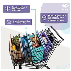 Lotus Trolley Bags -set of 4 -w/LRG COOLER Bag & Egg/Wine holder! Reusable Grocery Cart Bags sized for USA. Eco-friendly 4-Bag Grocery Tote. (Purple, Turquoise, Blue, Brown,)