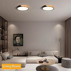 Vikaey Modern LED Ceiling Light, Minimalist Wood Flush Mount Ceiling Light Fixture, 4000K Not Dimmable, Circle Lighting Lamp with Acrylic Lampshade for Bedroom Laundry Room Hallway (Black,11.8")