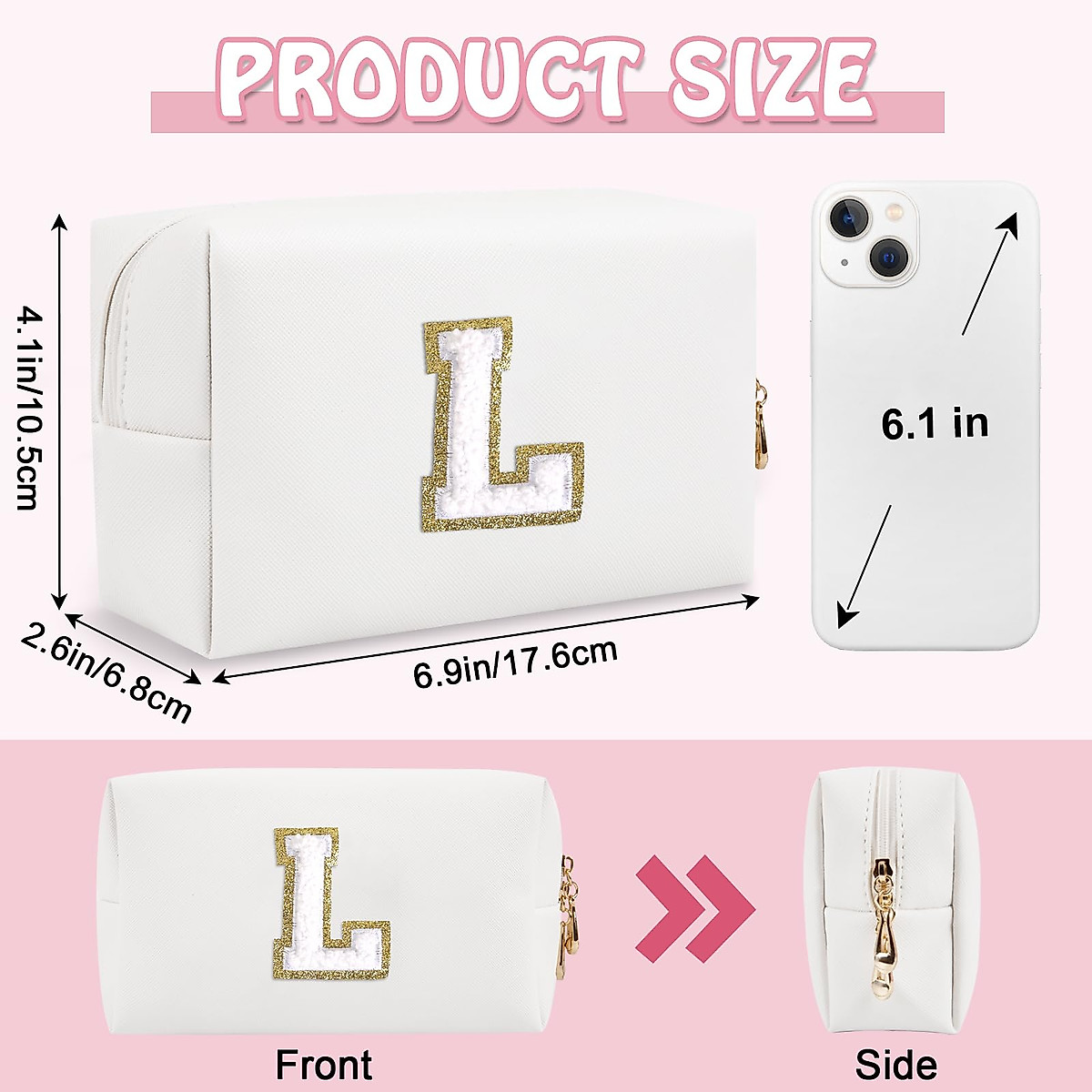 Personalized Initial Preppy Travel Makeup Bag Organizer, Small White Cute Cosmetic Bag Toiletry Zipper Pouch for Women, Portable Waterproof PU Makeup Case Birthday Gift for Female Women(Letter L)