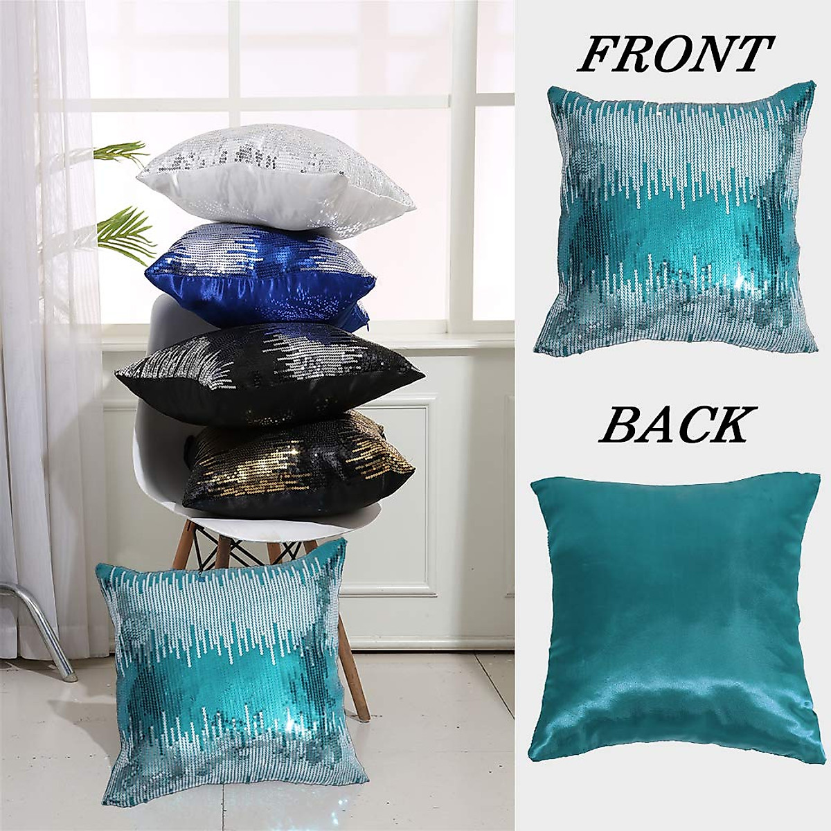 Juya Delight Sequin Throw Pillowcases Teal and Silver Sparkle Pillow Cushion Covers for Couch Sofa Home Decor,18x18 inches, Set of 2