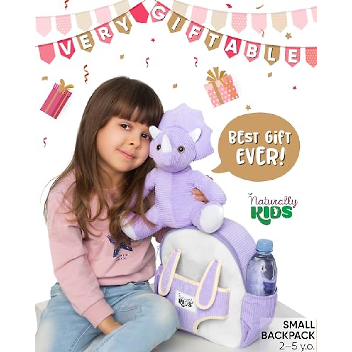 Naturally KIDS Purple Dinosaur Backpack, Dinosaur Toys for Girls 3-5, Triceratops Toy for 3 Year Old Girl Gifts, Dinosaur Toys Kids 3-5