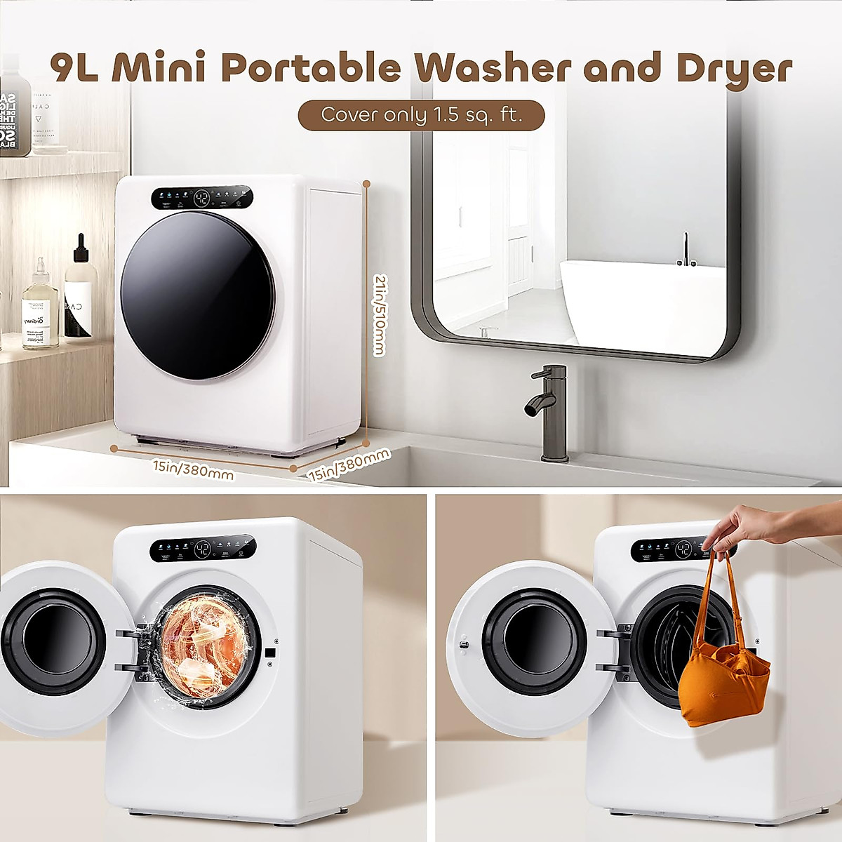TECSPACE 2 In 1 Mini Portable Washer And Dryer Combo, 9 L Mini Washing Machine With 24 Hours Reservation Mode and High-temperature Stain Removal for Baby Clothes, Underwear (9L)