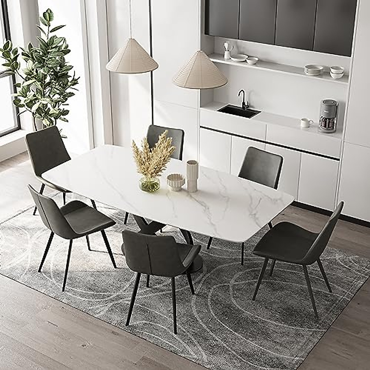 Modern Dining Table, Sintered Stone Tabletop Dining Room Table for Up to 8, Simple Retro Art, Rounded Corner Design, Solid Black Carbon Steel Base, 71"