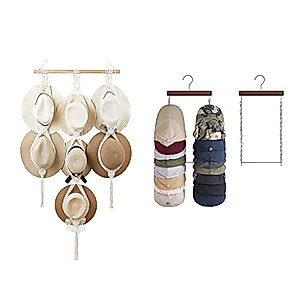 Dahey Macrame Hat Hangers Hat Rack for Wall Cowboy Hat Holder 7 Hats Style and Hat Organizer for Closet Hat Holder Organizer with 32 Stainless Steel Clips, Set of 2