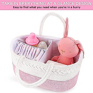 ABenkle Diaper Caddy Organizer, Stylish Cotton Rope Baby Basket Changing Table Nursery Storage Bin Portable Car Organizer, Girls Gifts Tote Bag for Baby Shower, Pink
