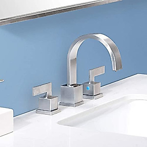 Friho Modern 2 Handle 3 Hole Stainless Steel Brushed Nickel Widespread Bathroom Faucet, 8 inch Bathroom Sink Faucet Lavatory Vanity Faucet with Pop Up Drain and Water Supply Lines