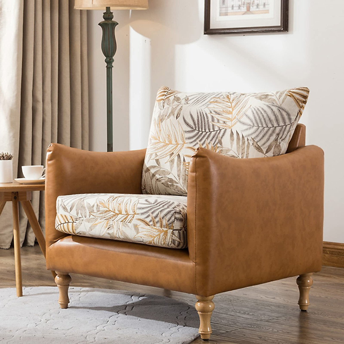 Icoget Accent Armrest Single Sofa Chair Fabric and Leather, Mid-Century Modern Chair w/Rubberwood Legs for Small Spaces, Comfy Living Room Upholstered Chair for Relaxing Reading - Brown