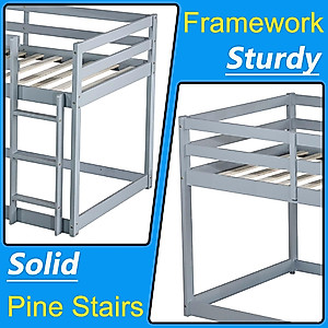 Anwick Twin Over Twin Low Bunk Bed with Stairs and Rails, Wooden Bunk Beds Frame with Safety Guardrail and Slats for Toddlers, Kids, Teens, Boys, Girls, Noise-Free (Grey)