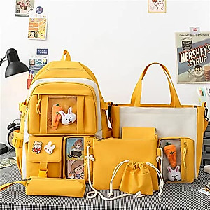 Kawaii Backpack Set of 5 with Pins and Accessories Cute Aesthetic Backpack Set with Display Window for School Teen Girls (Yellow)