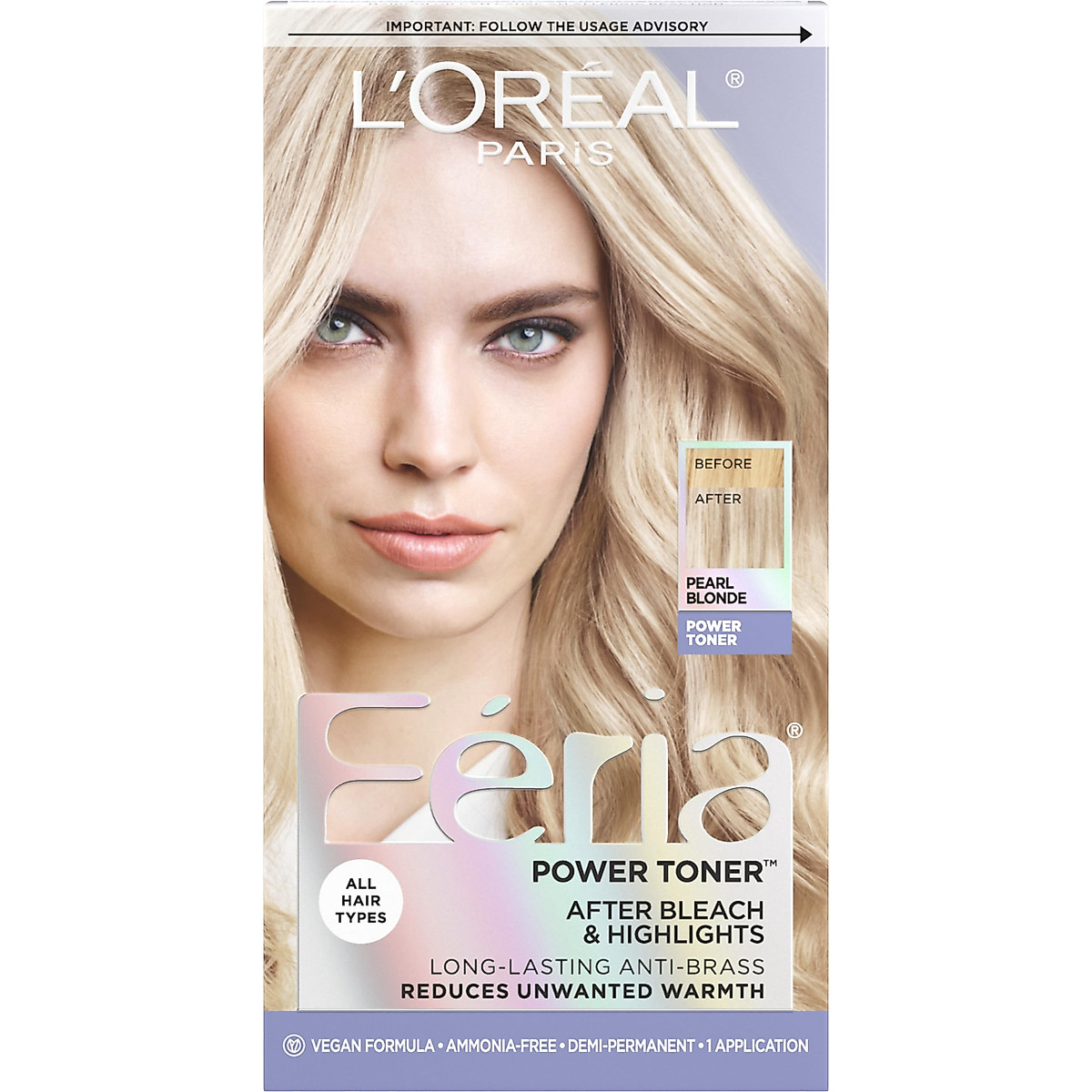 L’Oréal Paris Feria Long-Lasting Anti Brass Power Hair Toner, Ammonia Free Demi Permanent Hair Color, Pearl Blonde Hair Toner, 1 Application