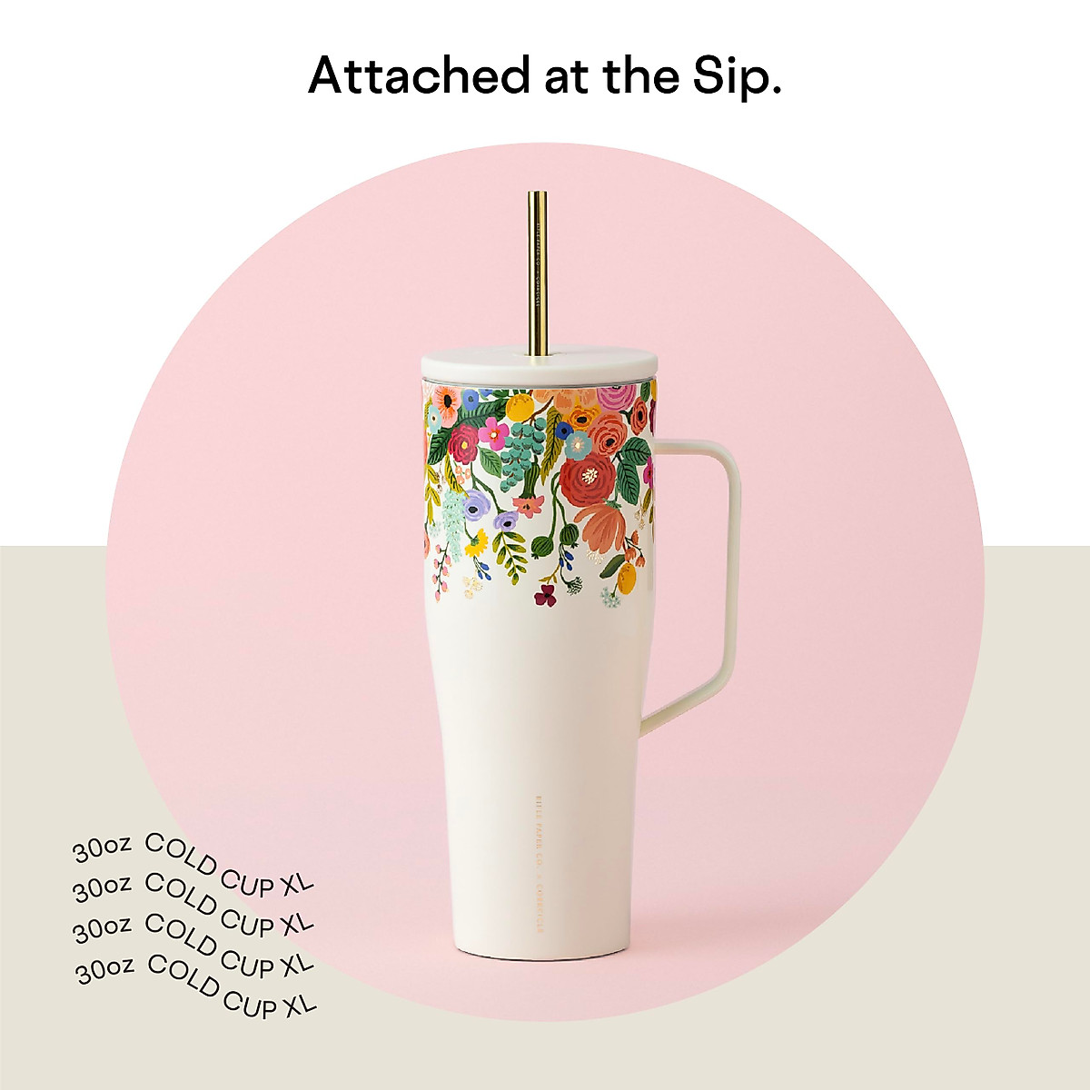 Corkcicle Rifle Paper 30oz Tumbler With Handle, Garden Cream Floral, Reusable Water Bottle, Triple Insulated Stainless Steel Travel Mug, BPA Free, Cold 12 Hours, Tumbler with Lid and Straw