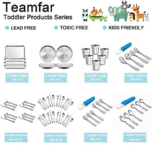 TeamFar Kids Plates Set of 4, 7.3"×5.3"×0.8", Toddler Plate Children Training Trays Set Stainless Steel for Dinner Fruit Salad, Healthy & Toxic Free, Oven & Dishwasher Safe, Sturdy & Mirror Finish