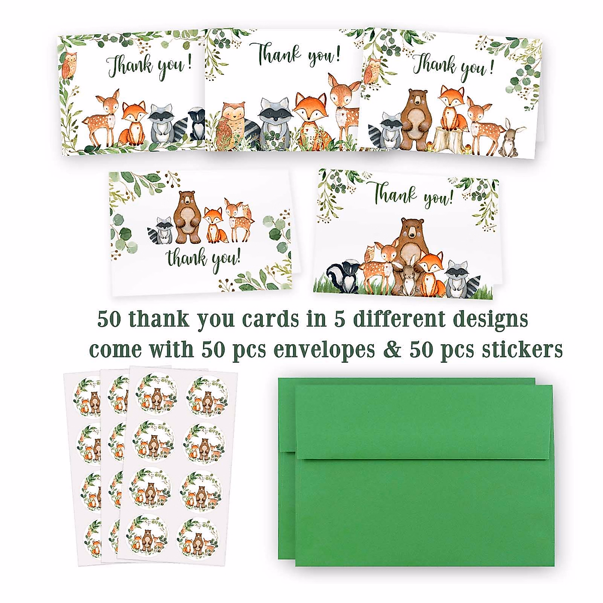 50 Woodland Thank You Cards, 4x6" Forest Animals Greenery Thank You Notes with Matching Green Envelopes & Stickers, Woodland Creatures Notecards Perfect for Woodland Baby Shower and Birthday Party