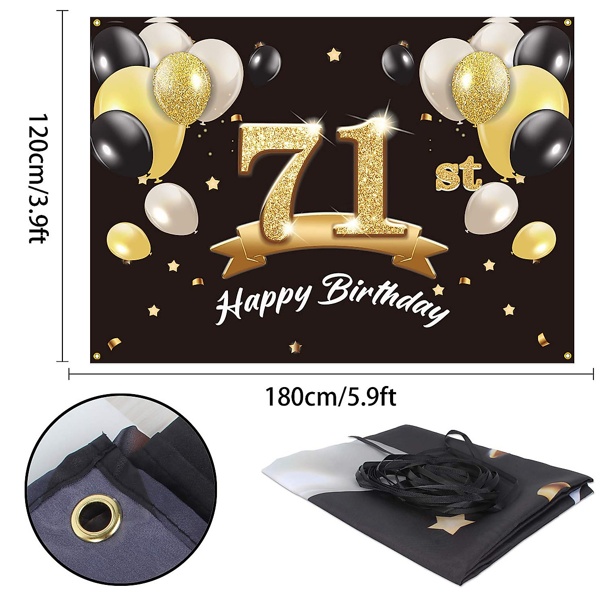 PAKBOOM Happy 71st Birthday Banner Backdrop - 71 Birthday Party Decorations Supplies for Men - Black Gold 4 x 6ft