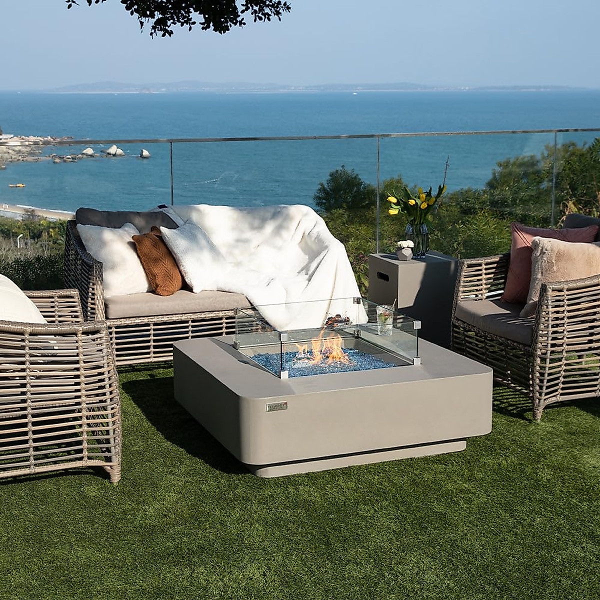 Lucerne Concrete Fire Pit 42".1 x 42 Outdoor Patio Firepit Includes Fire Glass Modern Fire Pits & Outdoor Fireplaces for Garden, Deck, Indoor & Outdoor Heating