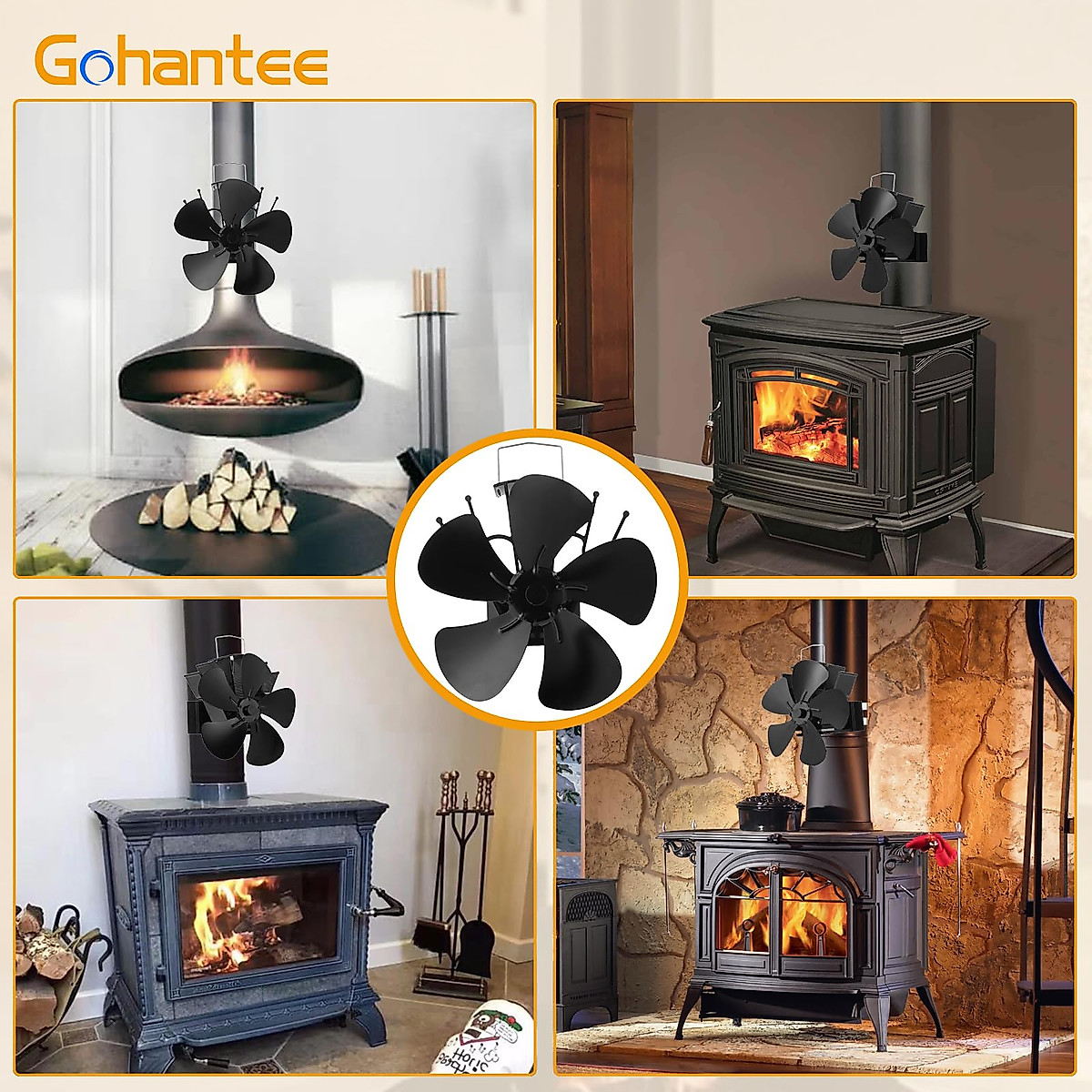 gohantee 5 Blades Stove Fan Heat Powered Fireplace Fan Hanging on Chimney Pipe for Wood Log Burner Fireplace Slient Efficiently Heat Distribution Eco-Friendly with Thermometer