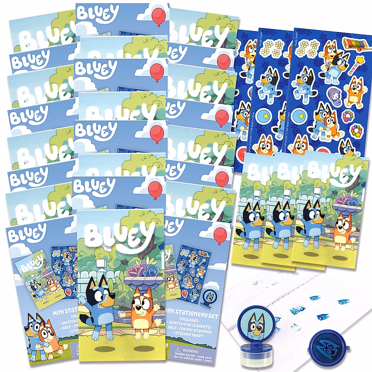 Bluey Birthday Party Favor Set - Bundle with 24 Bluey Activity Packs | Mini Sketch Book, Stickers, and Stamper | Blue Party Supplies